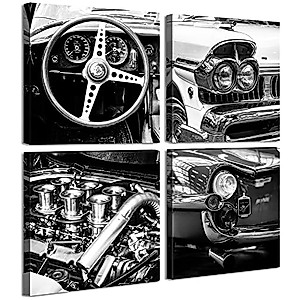 DJSYLIFE Black and White Wall Art Vintage Car Posters Decor Mens Bedroom Boys Room Office Paintings Canvas Pictures Framed Ready to Hang 12" W×12" H×4 PCS