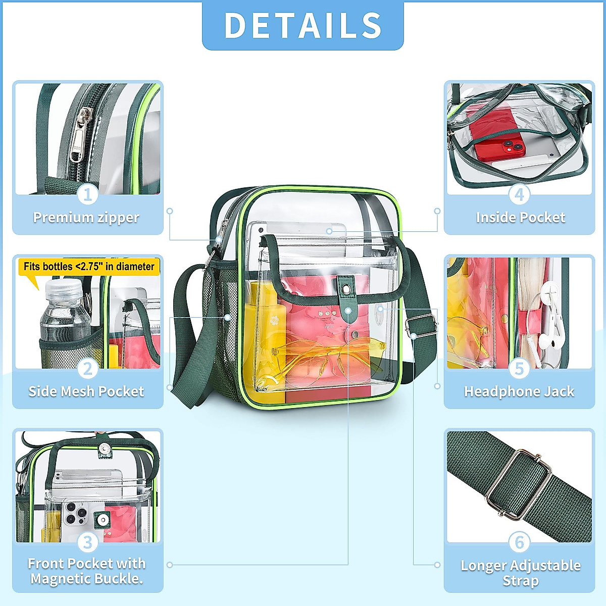 SPODEARS Clear Stadium Tote Bag for Concerts - 10.5"x8.5" Crossbody Purse with Bottle Holder & Adjustable Shoulder Strap, Green