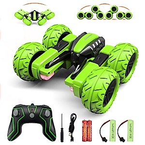 Remote Control Car for Kids 3-12 Years Old, Birthday Gift Toy for Boys Age 4 5 6 7 8, RC Car Stunt with Light 4WD Double Side Racing Vehicle 360° Flips Offroad Indoor Outdoor Sand Grass Garden Green