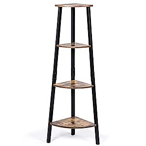 Tangkula Industrial Corner Shelf, 4-Tier Ladder Bookshelf, Metal Frame Storage Rack, Bookcase, Plant Stand, Multipurpose Accent Furniture for Home Office, Display Corner Shelf (Rustic Brown)