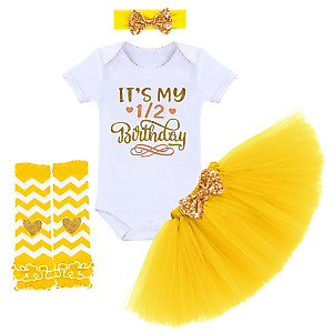 Infant Baby Girl Half Birthday Outfit It's My 1/2 Birthday Cake Smash Tutu Set Cotton Short Sleeve Romper Tulle Skirt Sequin Bowknot Headabnd Leg Warmers 4pcs Clothes Set Photo Props Yellow 6 Months