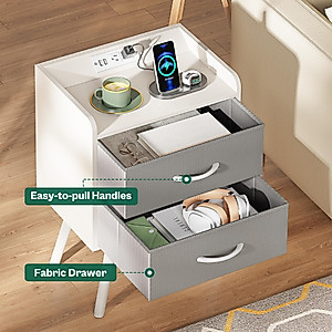 Huuger Night Stand with Charger Station, Nightstand with Drawers, Bedside Table, End Table with Solid Wood Feet, White Nightstand, Side Tables for Bedroom