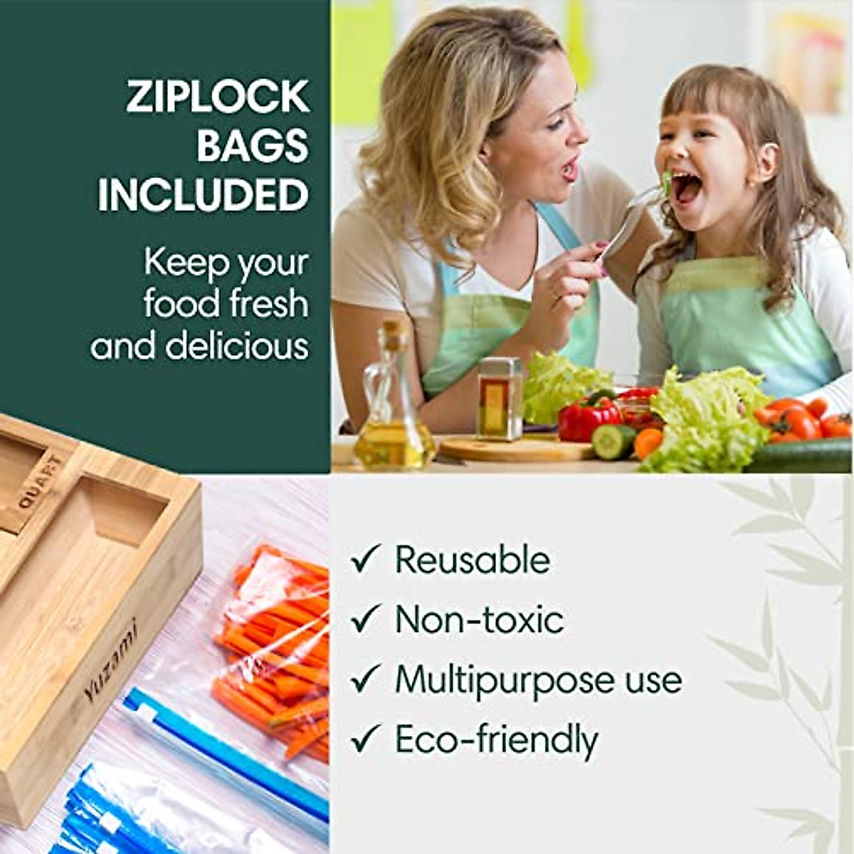 Yuzami Ziplock Bag Organizer , Bamboo Drawer Organizer , 4 Separate Baggie Organizer Storage Bag Organizer, also Includes 100 PCS Sandwich Ziplock Bags, Bag Storage Organizer for Kitchen Drawer