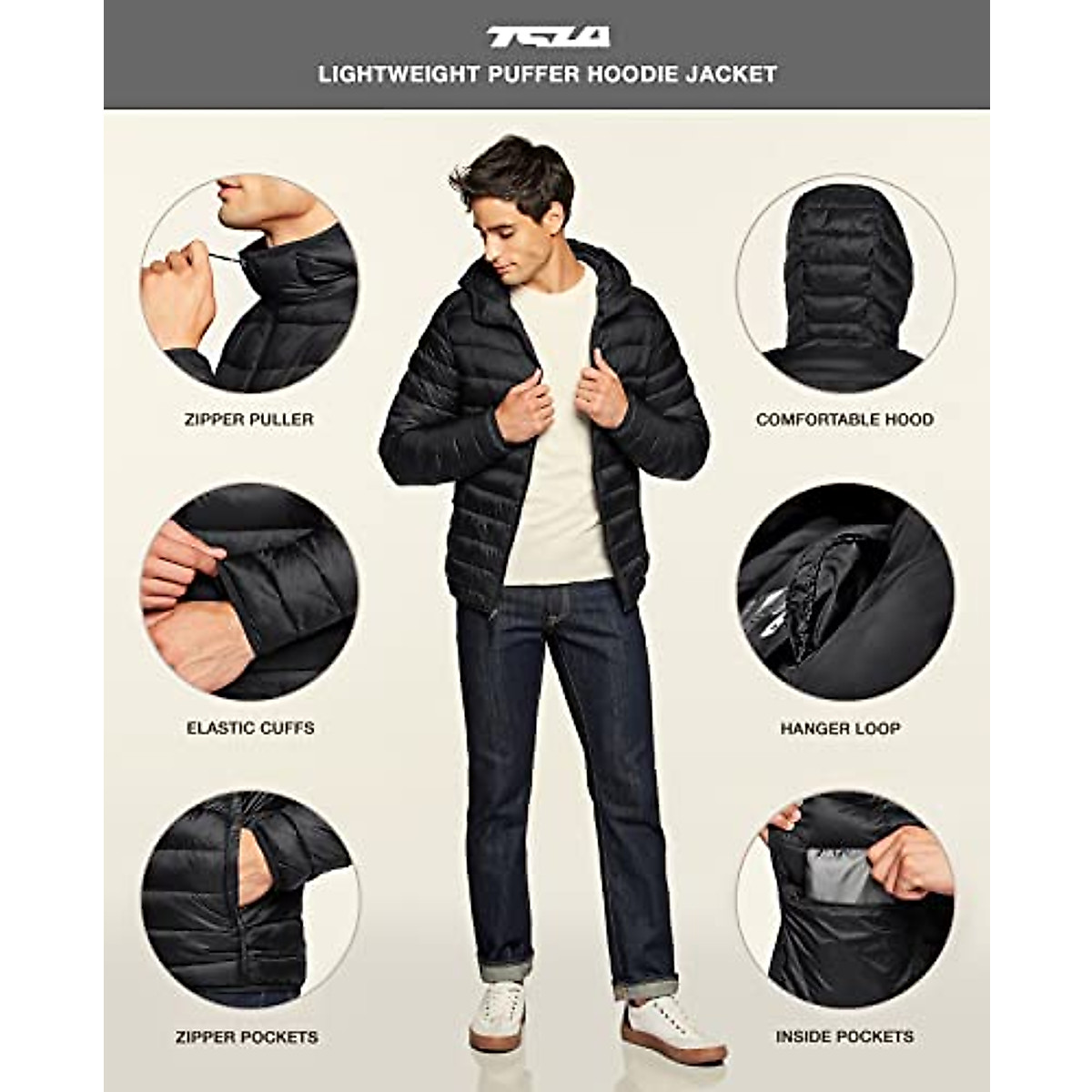 TSLA Men's Lightweight Packable Accent Puffer Jacket, Water-Resistant Winter Jackets, Hoodie Jacket Black, X-Large