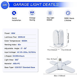 LED Garage Light 60W E26 6000LM Deformable LED Garage Ceiling Lights 6500K Daylight White Garage LED Light with 4 Adjustable LED Panels, LED Garage Lights for Warehouse Workshop Basement Lights