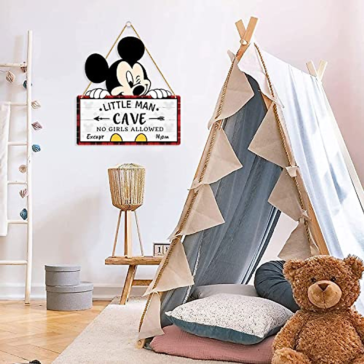 Little Man Cave Wooden Hanging Wall Sign, Mouse Wood Hanging Sign for Boy's Room Decoration, Baby Boy Nursery Door Sign Decor For Toddlers Kids Bedroom Red & Black Buffalo Plaid