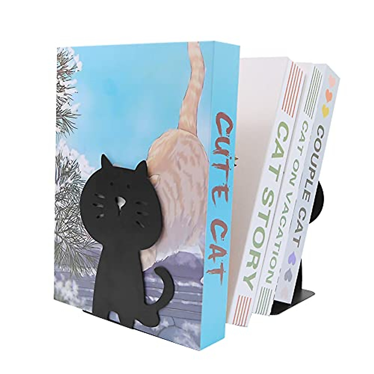 Cat Bookends, Cute and Thickening Metal, Sturdy Durable, Book Organizer for Library School Office Home Study 1 Pair (Black)