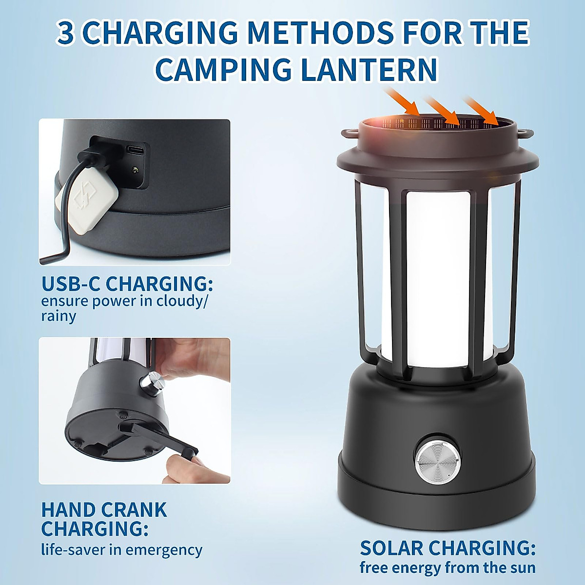 LED Camping Lantern, 6000mAh Solar Powered/ Hand Crank/ USB-C Rechargeable Camping Lights, 3 Light Modes 3500LM Dimmable Hanging Tent Lights Lamp Waterproof for Emergency Home Power outages Failure