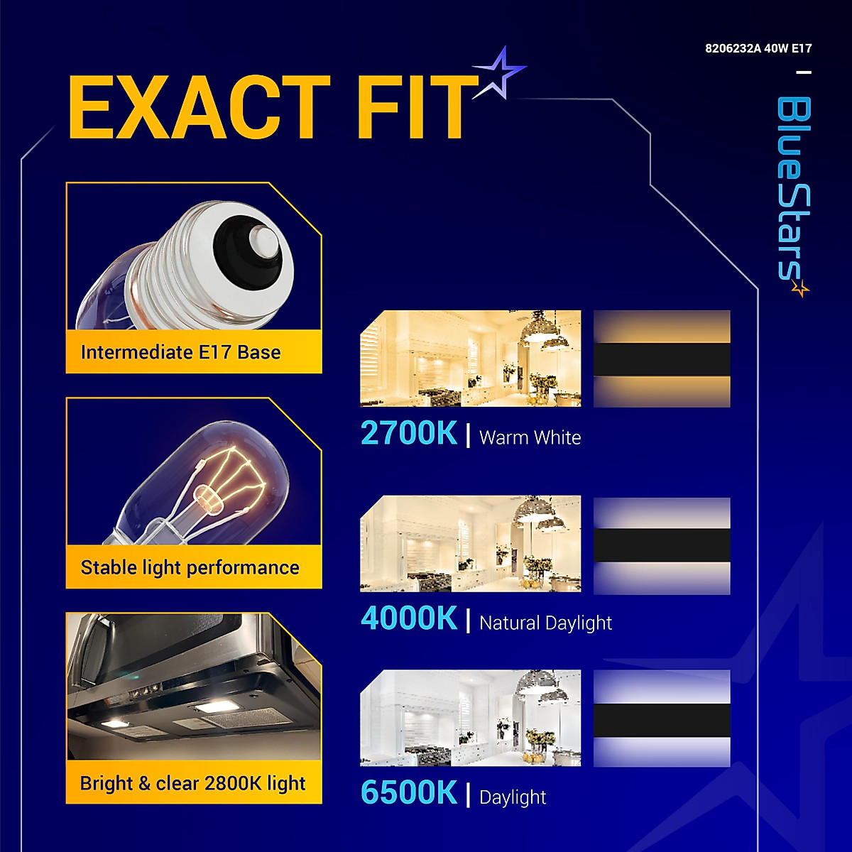 BlueStars 8206232A Whirlpool Microwave Light Bulb Kei 125V 40W Microwave Bulb E17 Fits Whirlpool Maytag Lava Lamps Salt Lamp Bulbs - Replaces 1890433 8206232 AP4512653 (3 Packs)