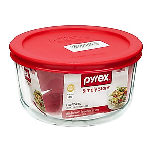 Pyrex Simply Store 4-Cup Single Glass Food Storage Container with Lid, Non-Pourous Glass Round Meal Prep Container with Lid, BPA-Free Lid, Dishwasher, Microwave, Oven and Freezer Safe