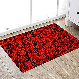 Red Rose Flower Print 17MM Thick Memory Foam Bathroom Carpet and Door Mat Non-Slip Absorbent Super Bath Mats Comfortable Flannel Bathroom Carpet Bed Rug 24 X 16 Inches