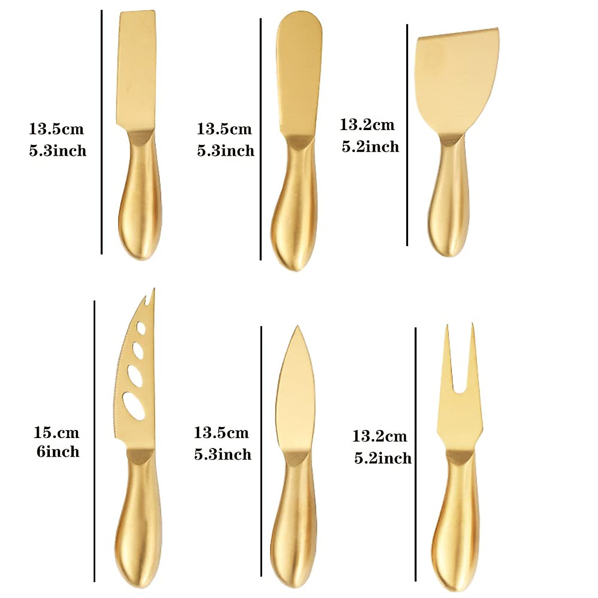Golden Cheese Knife Set 6 Piece, Stainless Steel Cheese Cutter, Cheese Spreader knife with Ergonomic Handle, Cheese Shaver and Fork for Holiday, Birthday, Wedding, Party