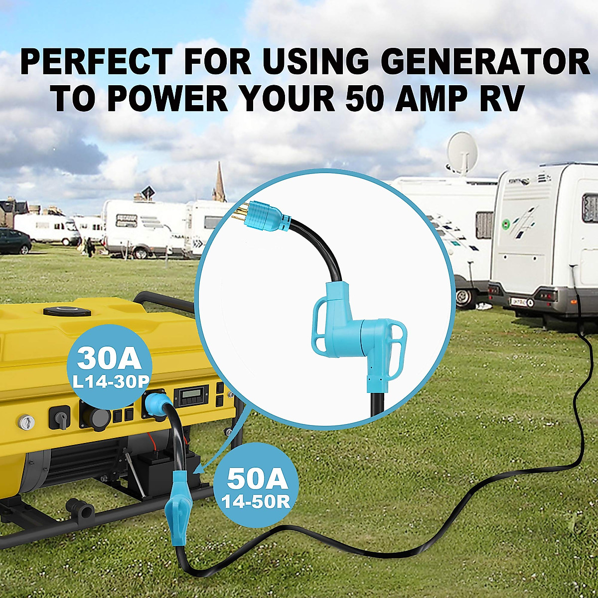 CircleCord 4 Prong 30 Amp to 50 Amp Generator to RV/EV Adapter Cord, NEMA L14-30P to 14-50R, Heavy Duty STW 10 AWG Suit for Tesla Model S/3/X/Y Charging or Generator to House and RV Trailer Camper