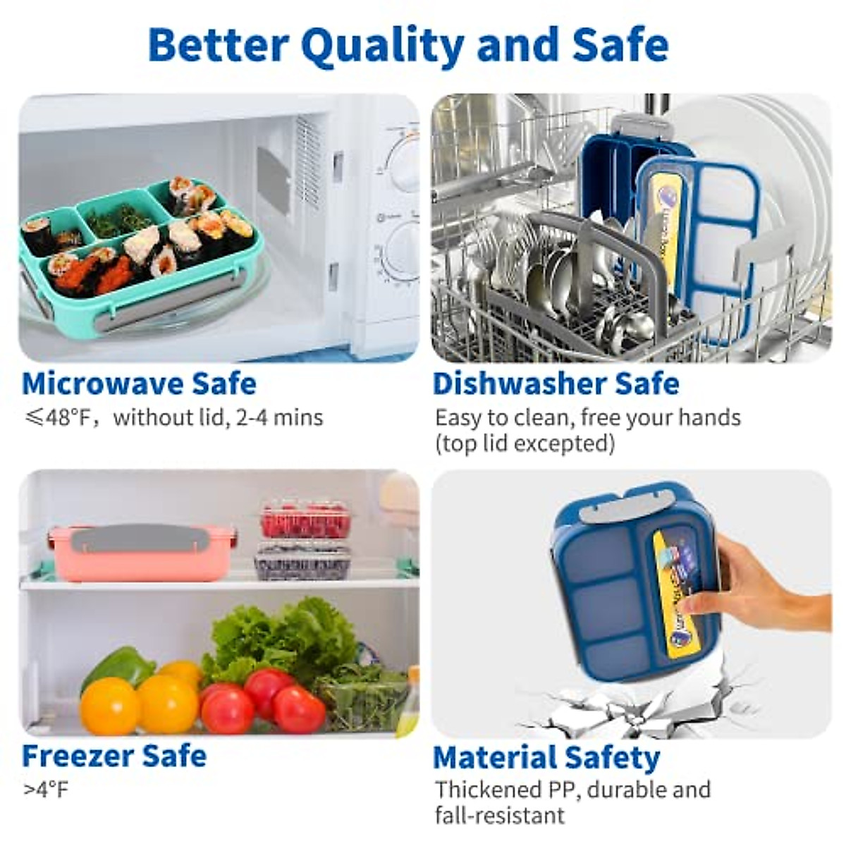 Qipecedm 3 Pack Bento Box Lunch Box Adults And Big Kids, Bento Box Adult Lunch Box with Cutlery, 1300ML 4 Compartment Lunch Box Containers, Leak Proof, Microwave/Dishwasher/Freezer Safe