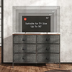 WLIVE Wide Dresser with 6 Drawers, Industrial TV Stand for 50" TV, Entertainment Center with Metal Frame, Wooden Top, Fabric Storage Dresser for Bedroom, Hallway, Entryway, Black