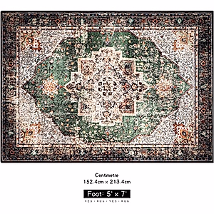 YesRug Area Rug 5x7 for Living Room Green Boho Rug Non-Slip Washable Rug Persian Vintage Rug Low Pile Large Rug for Bedroom Dining Room