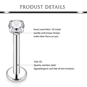 Hoeudjo 12Pcs 16G Forward Helix Earring Surgical Steel Cartilage Conch Tragus Earrings Studs Internal Threaded Clear Diamond CZ Labret Monroe Lip Ring Barbell Piercing Jewelry for Women Men 6MM