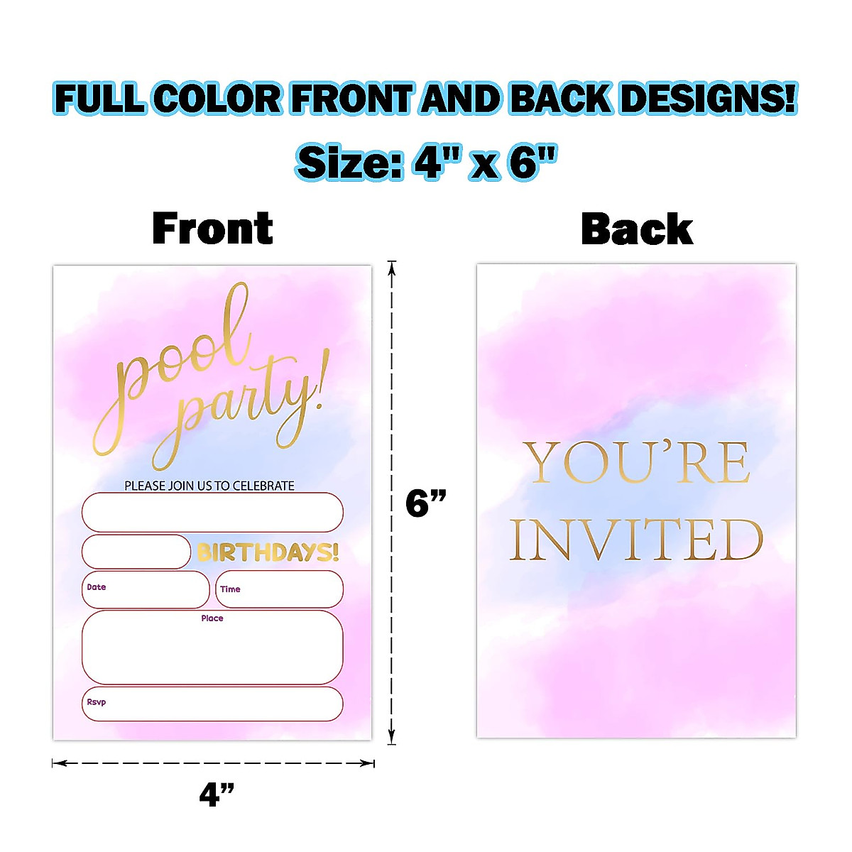 Watercolor Glitter Pool Party Birthday Party Invitation, Water Slide Pool Birthday Party Invite for Kids Girls Boys, Summer Birthday Party Celebration Supplies, 20 Invitations with Envelopes - JY773