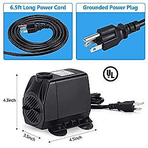 CWKJ Fountain Pump, 880GPH Submersible Water Pump, Durable 60W Outdoor Fountain Water Pump with 6.5ft Power Cord, 3 Nozzles for Aquarium, Pond, Fish Tank, Water Pump Hydroponics, Backyard Fountain