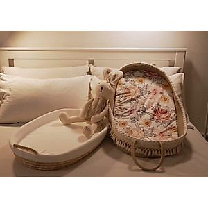 Baby Changing Basket Kit - Macrame Boho Moses Basket for Babies, Handmade 100% Cotton, Woven Portable Nursery Decor, Waterproof Pad & Floral Pad, Milestone Cards, Changing Table Topper for Dresser