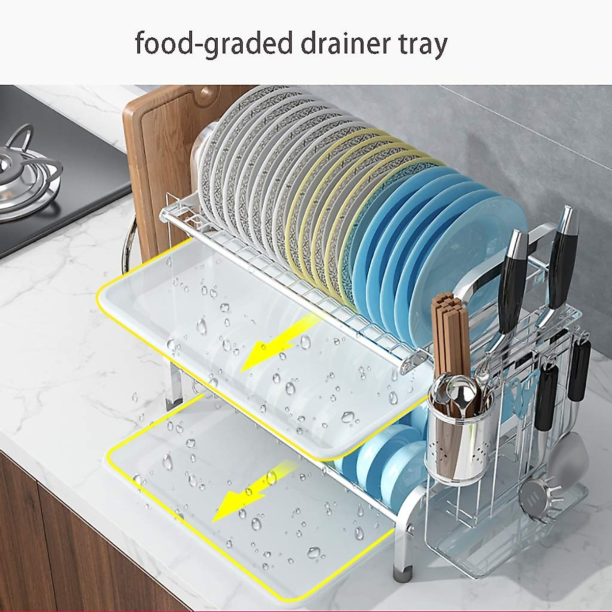 2-Tier Dish Rack, Colture Stainless Steel Dish Drying Rack with Utensil Holder and Drain Board Wine Glass Holder Easy-Storage Rustproof Kitchen Counter Dish Drainer Rack Organizer, Silver