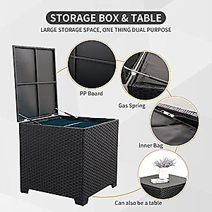 Outdoor Furniture Sets Fire Table 6 PCS Patio Furniture Set Gas Fire Pit Table with Outdoor Storage Box Glass Coffee Table and Waterproof Covers Anti-Slip Peacock Blue Cushions