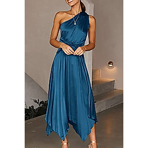 PRETTYGARDEN Women's Summer Long Satin Dress One Shoulder Sleeveless Ruched Twist Flowy Maxi Dresses (Lake Blue,Small)