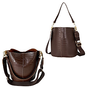 Hirooms Women retro design shoulder bag crocodile leather large capacity bucket handbag (Brown)