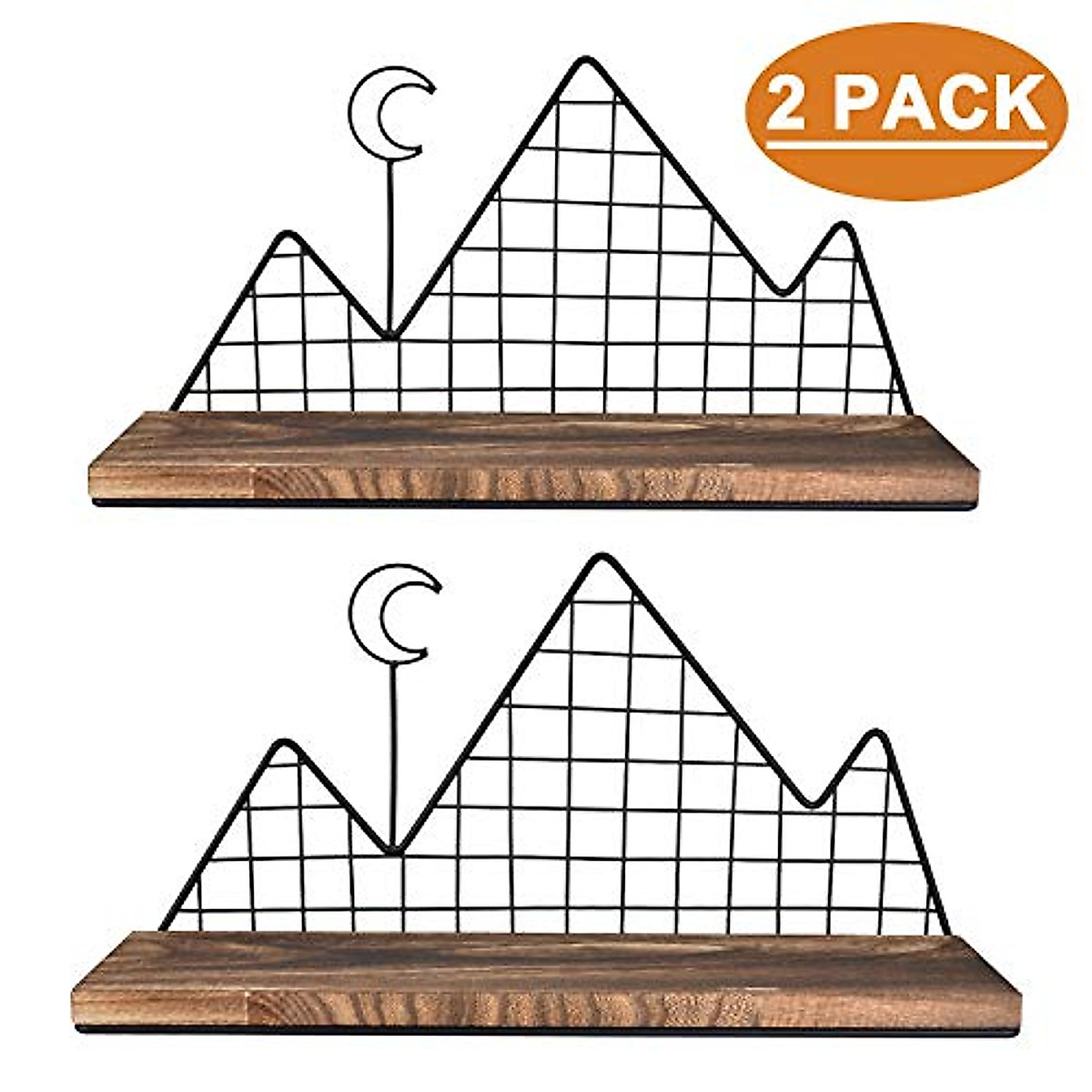 Homode Floating Shelves, Set of 2 Mountain Wall Shelves, Rustic Wood Display Storage Shelf with Metal Wire, Geometric Decor for Bathroom, Nursery, Bedroom, Office