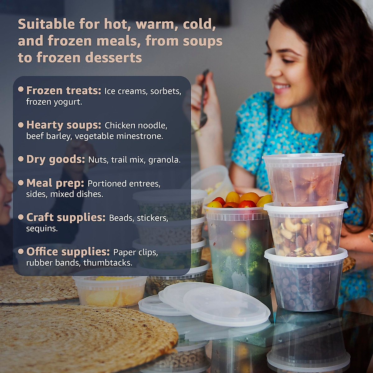 [48 Pack - 16 oz] Plastic Soup Cups Deli Food Storage Containers with Tight Lids Portion Control Non-Spill Stackable Microwaveable Freezer Dishwasher Safe