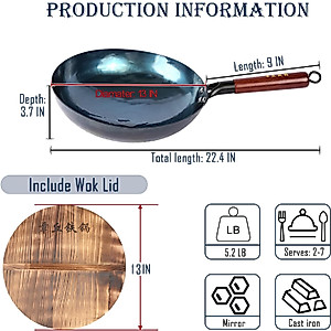 TKRADISH 13 Inch Chinese Hand Hammered Iron Wok and Stir Fry Pans with Wooden Handle and Lid Round Bottom Wok Pan Non-stick No Coating Ideal for Home Use and Gift Giving