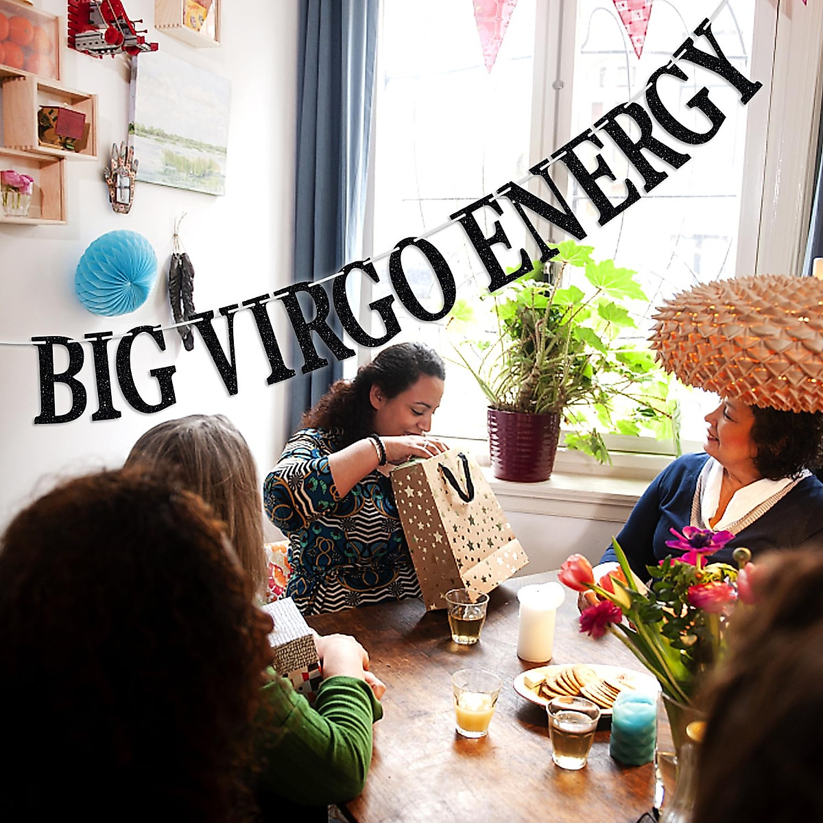 Big Virgo Energy Banner, Virgo Aug/Sept. Birthday Party Decor - 12 Constellation Theme Birthday Party Decorations Supplies, Black Glitter