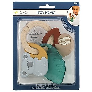 Itzy Ritzy Teething Keys Baby Teether Toy - Features a Braided Texture Ring & Keys, Includes a Water-Filled Leaf-Shaped Teether & Silicone Sloth & Koala Teething Toys, Ideal for Ages 3 Months & Up