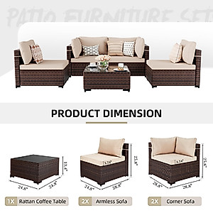 UPHA 5 Pieces Patio Furniture Sets Outdoor Sectional Sofa Wicker Conversation Couch for Decks, Backyards, Gardens, Brown Rattan, Beige Cushion