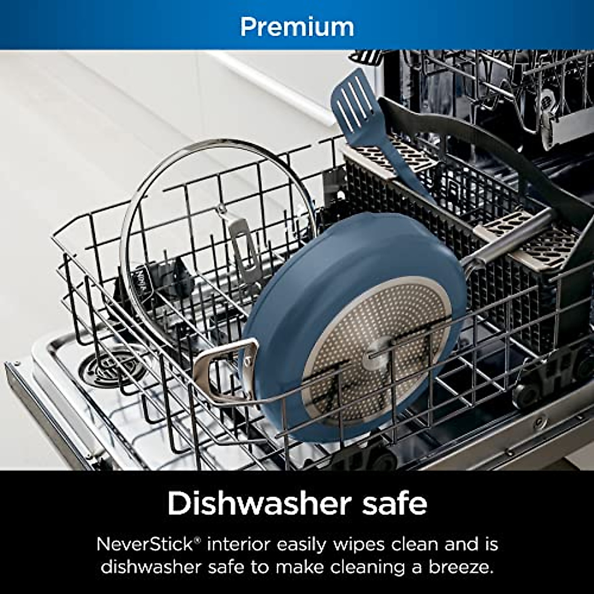 Ninja CW102BL Foodi NeverStick PossiblePan, Premium Set with 4-Quart Capacity Pan, Steamer/Strainer Basket, Glass Lid & Integrated Spatula, Nonstick, Durable & Oven Safe to 500°F, Macaron Blue