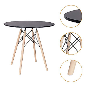 CangLong Modern Round Office Side Table in Black with Beech Wood Legs for Kitchen Living Bedroom