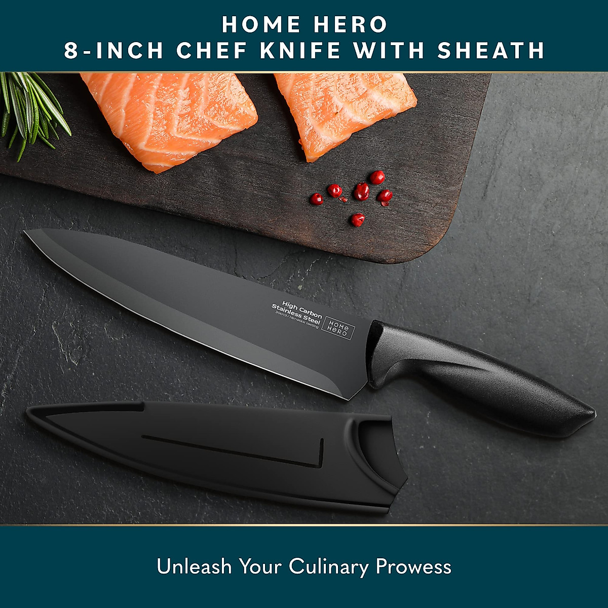 Home Hero 2 Piece 8 Inch Black Chef Knife Set with Ergonomic Handle - High Carbon Stainless Steel Razor-Sharp Multi-Purpose Kitchen Knife for Chopping Vegetables and Meats (Black)