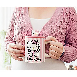 Toynk Hello Kitty Pink Stripes Ceramic Mug With Lid | Holds 18 Ounces