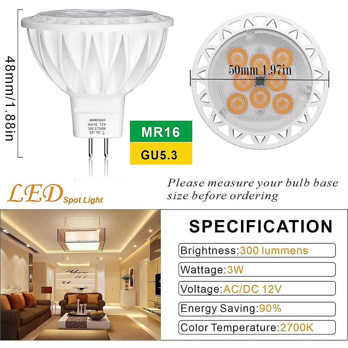 AIMEOKO MR16 LED Bulb Light Bulbs 3W (35W Halogen Equivalent) 2700K GU5.3 Base 12V Spotlight 300Lm for Landscape Recessed Track Lighting Ceiling Indoor Outdoor - 6 Pack (Warm White)