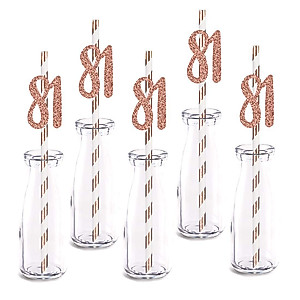 Rose Happy 81st Birthday Straw Decor, Rose Gold Glitter 24pcs Cut-Out Number 81 Party Drinking Decorative Straws, Supplies