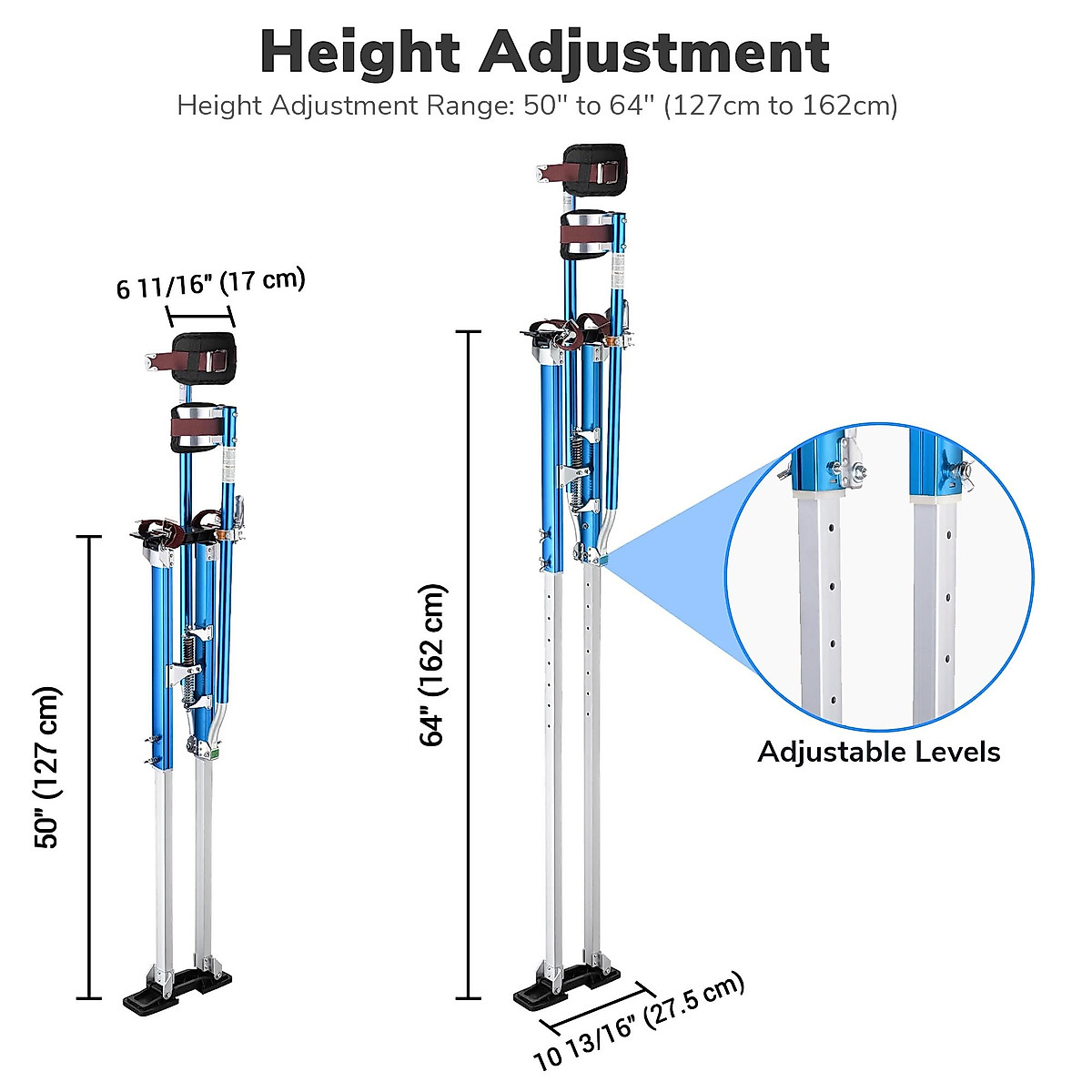WeChef 50-64 inch Pro inch Drywall Stilts Height Adjustable Lifts Aluminum Tool Non slip for Cleaning Painting Pruning Branches Blue