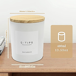 Ezebesta 3PCS Farmhouse 13.53oz White Bathroom Canisters with 12 Labels & Wooden Lid Thick Glass Jar Set Qtip Holder for Cotton Ball & Pads Storage Organization Minimalist Decor