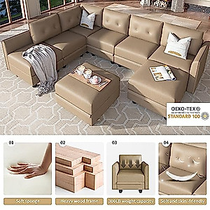 LLappuil Oversized Modular Sectional Sofa with Storage, Faux Leather Fabric U Shaped Sectional with Chaise, 12 Seater Modular Sleeper Couch for Living Room, Cognac