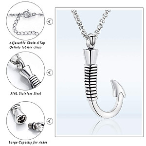 Hearbeingt Fish Hook Cremation Jewelry for Ashes, Memorial Urn Necklace for Human Pet Stainless Steel Keepsake Pendant for Men Women(Silver)