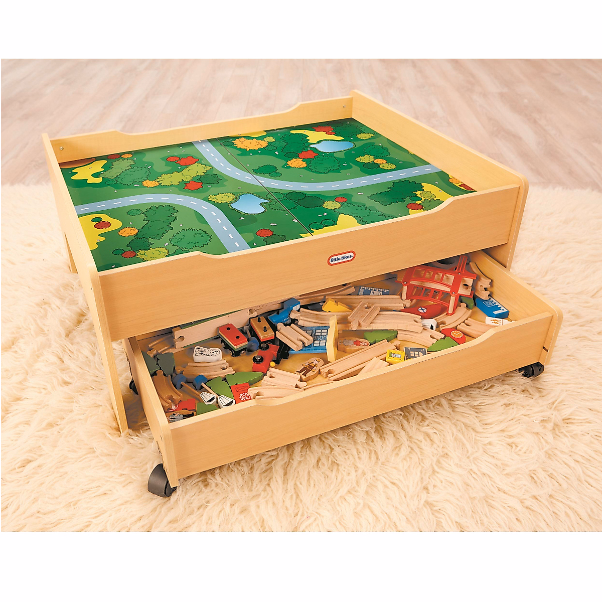 Little Tikes Real Wooden Train and Kids Table Set with Over 80 Multicolor Pieces Activity Table with Storage, Tracks, Trains, Cars, and More - Train Set Table Playset for Boys and Girls 3+ Years