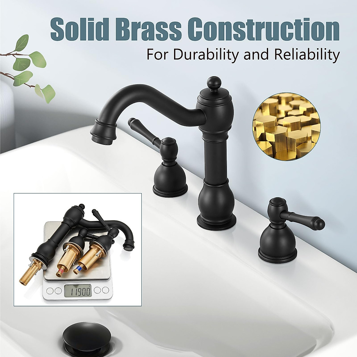 Aolemi Matte Black 8 Inch 3 Holes Widespread Bathroom Sink Faucet Doubel Lever Handle Vanity Basin Mixer Tap with Pop Up Drain Assembly Deck Mount