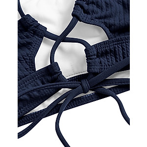 ZAFUL Women's Cutout Bikini Scoop Neck Ribbed High Cut Bikini Sets Two Piece Swimsuit (1-Deep Blue, S)