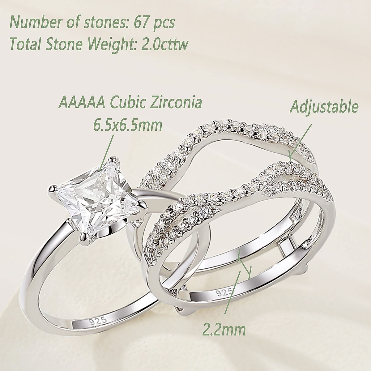 Wuziwen 2 Carat Princess Cut 925 Sterling Silver Ring Enhancers CZ Wedding Ring Sets For Women Size 10