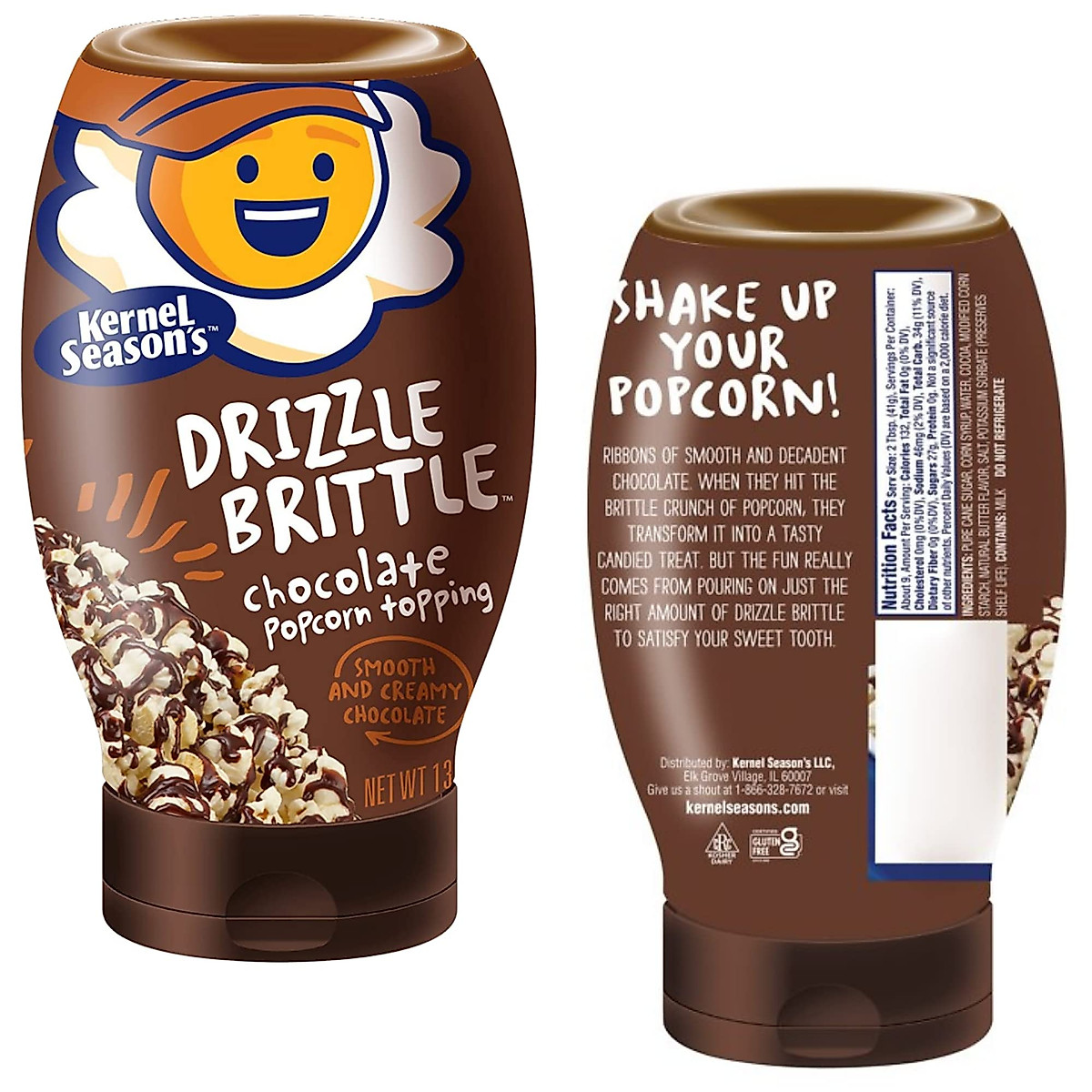 Popcorn Drizzle Sauce Bundle. Includes Two-13.1 Oz Kernel Seasons Drizzle Brittle Popcorn Topping. One Each Flavor: Caramel Drizzle and Chocolate Drizzle. Comes With a BELLATAVO Fridge Magnet!
