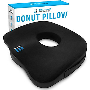 ERGONOMIC INNOVATIONS Orthopedic Donut Pillow: Memory Foam Chair Seat Cushion for Tailbone and Coccyx Pain, Sciatica, and Pressure Relief - Car, Desk, and Office Chair Pad Cushions and Pillows (Black)